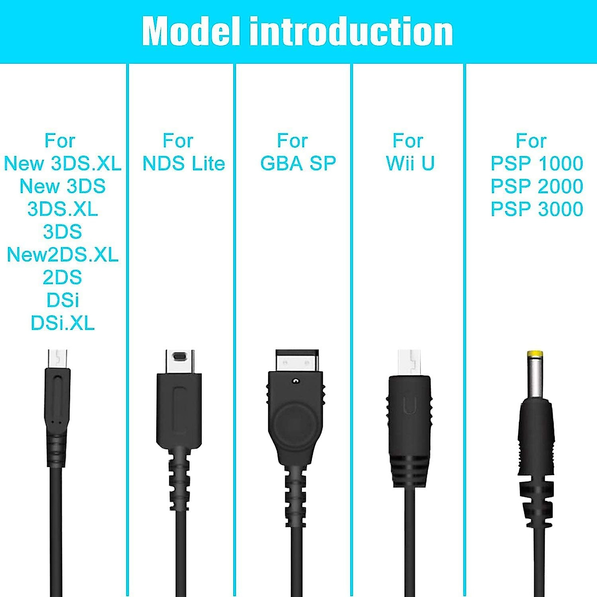 ＲＵＥＩＵＲＩ 2 Pack 5 in 1 USB Charger Cable for DS Lite/Wii U/New 3DS XL,3DS XL,2DS,Dsi XL,NDS/GBA SP(Gameboy Advance sp),PSP 1000 2000 3000