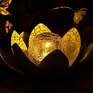 Huaxu Solar Lights Outdoor Garden Decor , Amber Crackle Globe Glass Lotus Decoration,Waterproof Gray Metal Flower Light for Patio,Lawn,Walkway,Tabletop,Ground