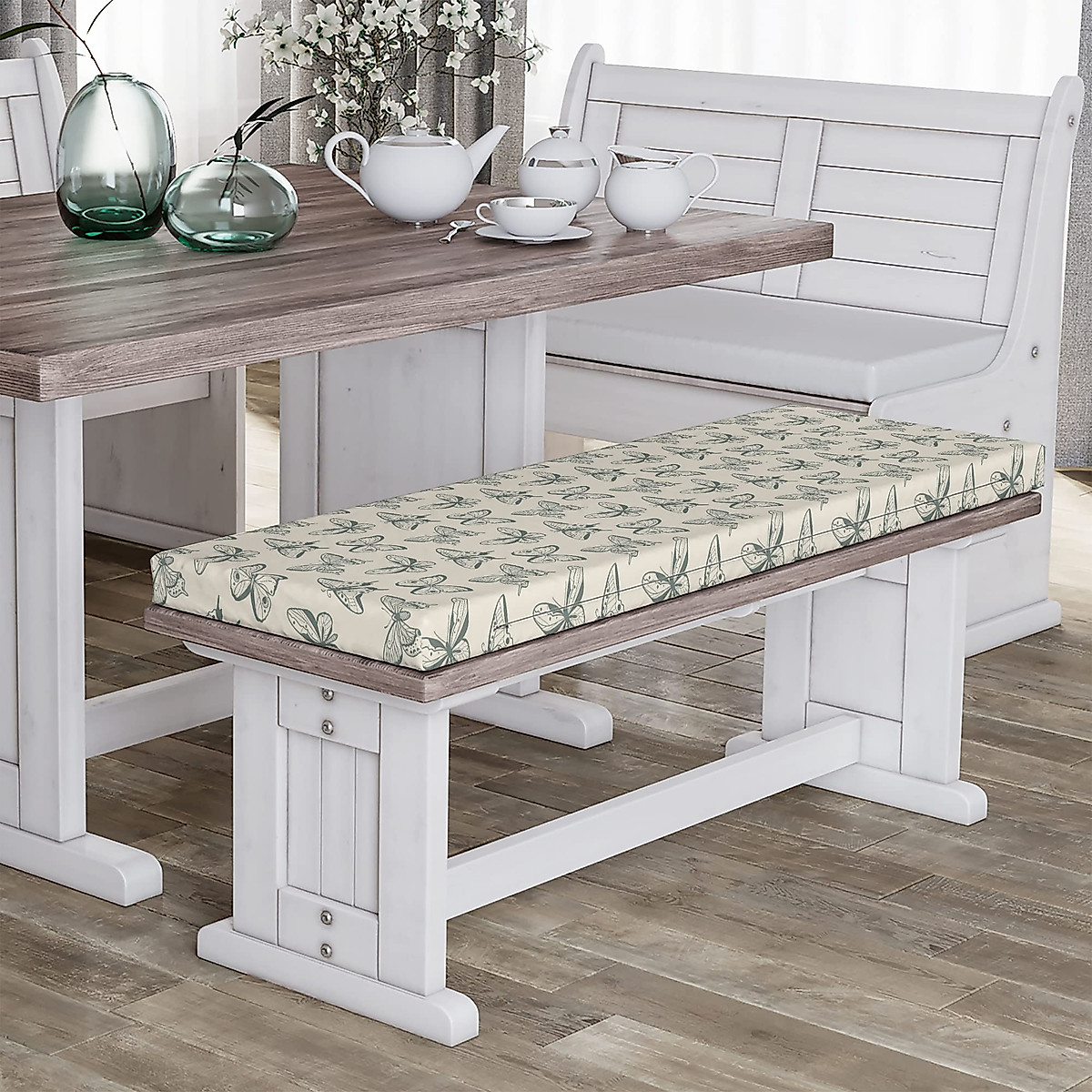 Lunarable Spring Bench Pad, Earthy Tone Damask Stencil Swallowtail Butterfly and Skippers, Standard Size HR Foam Cushion with Decorative Fabric Cover, 45" x 15" x 2", Green Eggshell