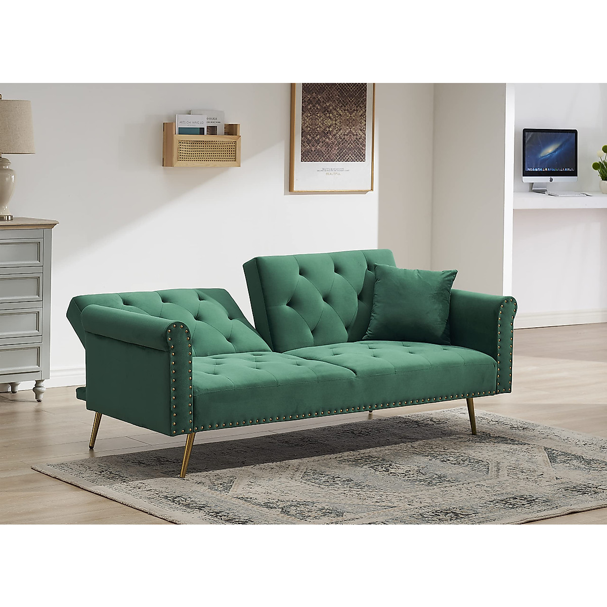 Eafurn Modern Velvet Upholstered Futon Bed Sectional Folding Recliner Sleeper Reversible Loveseat Convertible Daybed,3 Angles, Nailhead Tufted Sofa & Couches for Small Places, Green w/Naildhead Trim