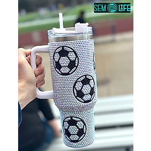 SEM LIFE 40 Oz Rhinestone Bling Tumbler with Handle and Straw (SOCCER), Stainless Steel and Double Wall Insulated