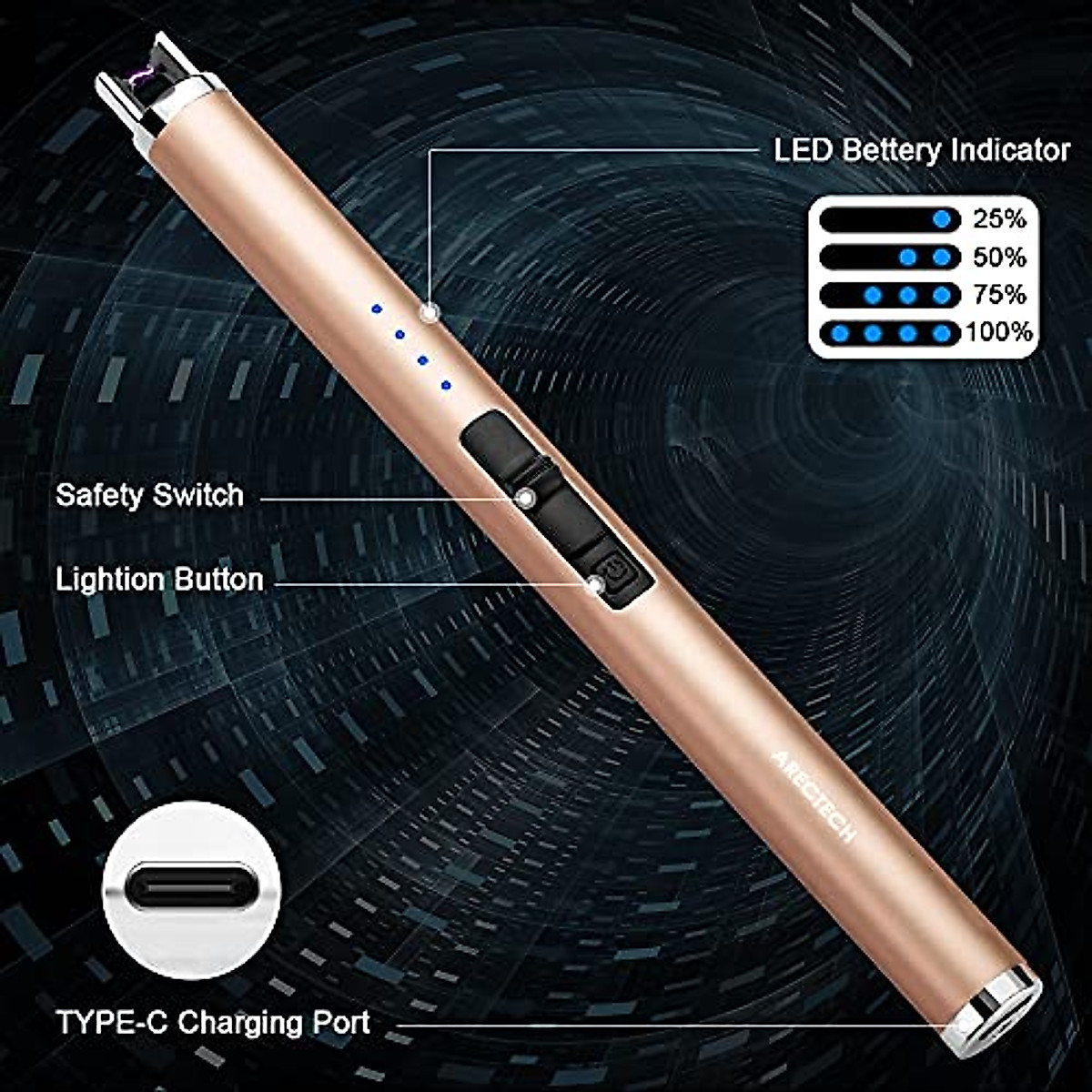 ARECTECH Lighter Rechargeable Lighter Electric Lighter Candle Lighter Arc Plasma Lighters for Candle Kitchen Camping Type-C Champagne Gold