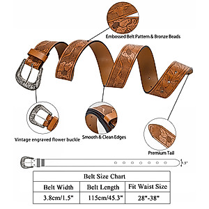 UTOWO Adjustable Vintage Western-Belts for Women Men - Engraved Buckle Cowgirl-Cowboy-Belt for Jeans fit 28-38" waist