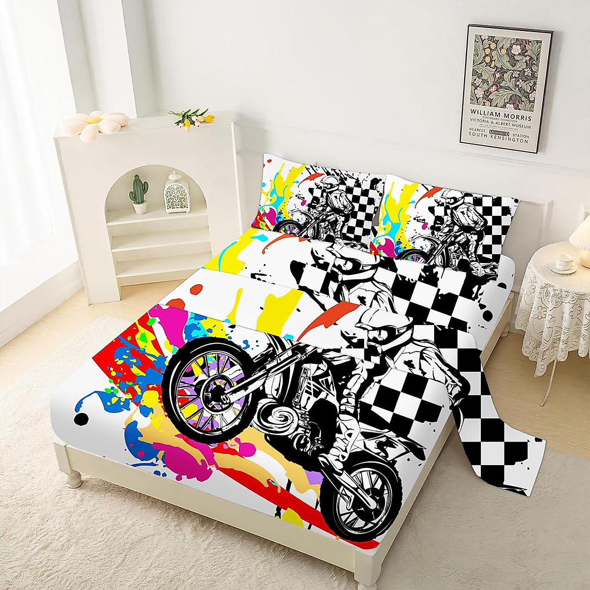 VTKON Sports Twin Kids Sheets Set for Boys Soft and Fluffy Motocross Bedding Set Breathable Motorcycle Decor for Boys Bed Set Kids Tie Dye Bedding Set with 1 Flat Sheet, 1 Fitted Sheet & 1 Pillowcase