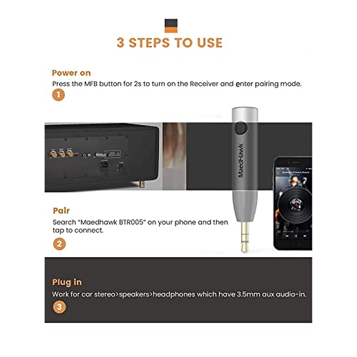 Bluetooth 5.0 Receiver, MaedHawk Bluetooth Aux Adapter Portable Wireless Audio Car Kit with 3.5mm Jack for Home Music Streaming Stereo Headphones Speakers