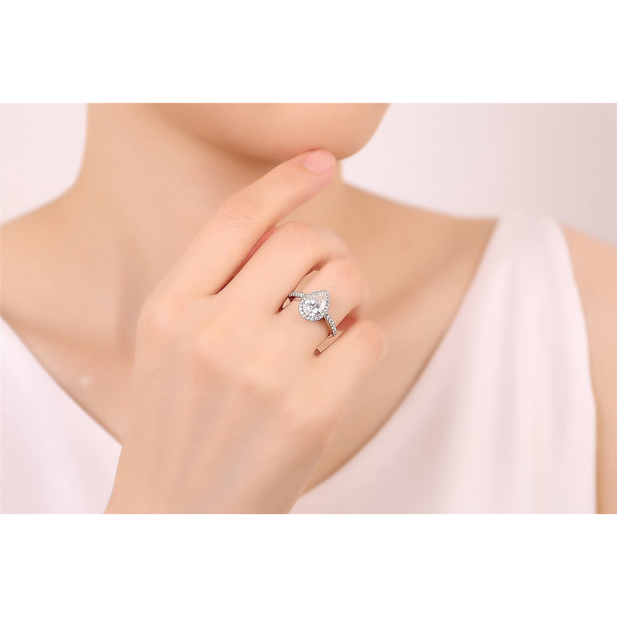 Diamond Jewelry Pear Shape Center Moissanite G-H Color 0.50CT 6MM Wedding Engagement Sterling Silver Ring With Accents For Women (6)