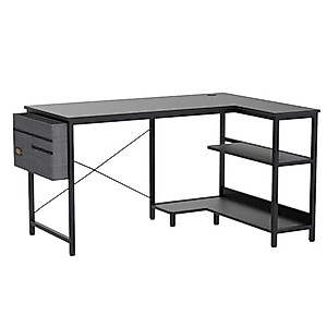 ODK Small L Shaped Computer Desk, 48 Inch Corner Desk with Reversible Storage Shelves & Iron Hook, Modern Simple Writing Study Table, Black