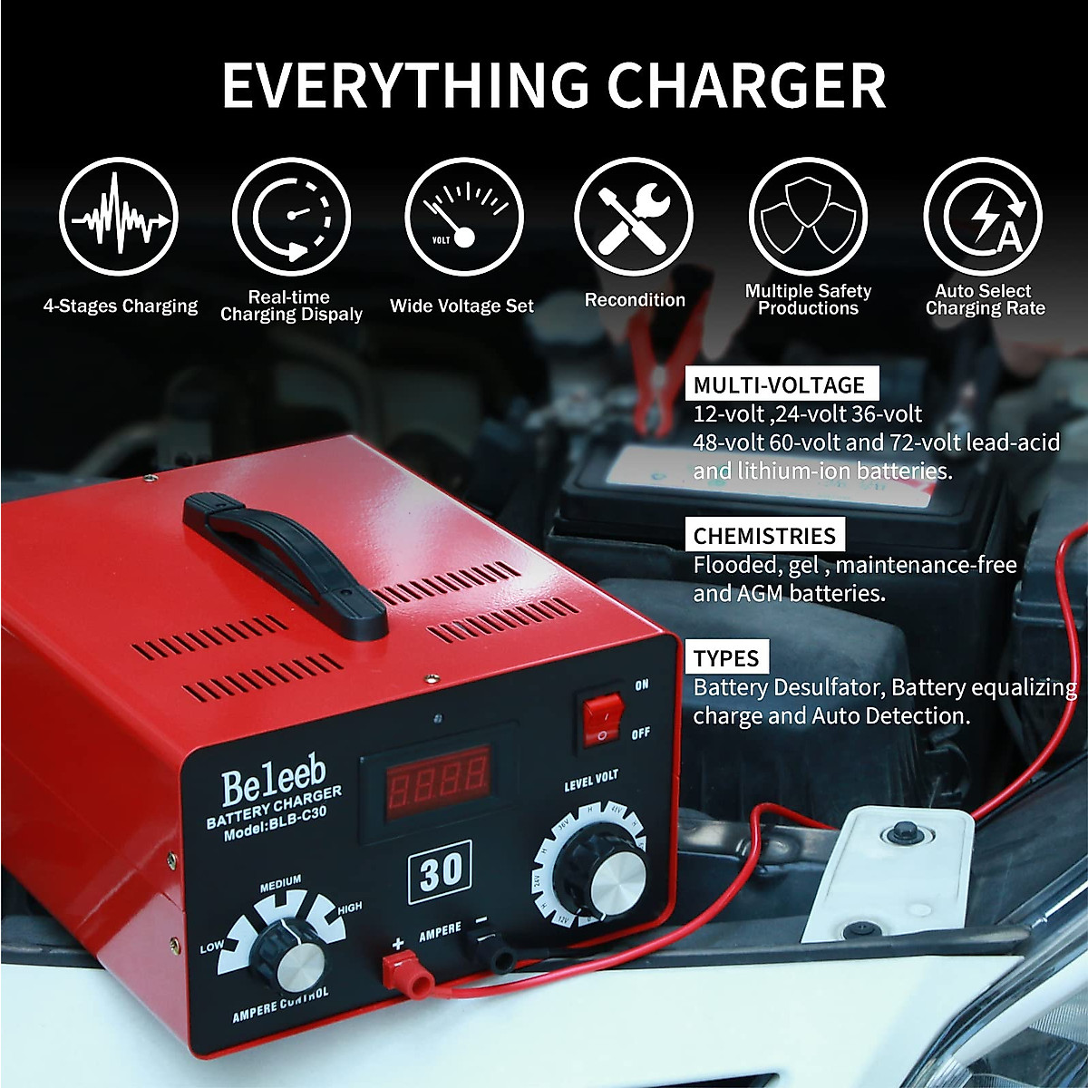 Beleeb Adjustable Battery Charger 12V 24V 36V 48V 60V 72V Smart LCD Display Pulse Repair Desulfator Cable Clamps Automotive Maintainer for Golf Cart Mower Boats, PWCs Truck RV ATV SUV