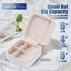 LUAVFA Small Travel Jewelry Box,Portable Travel Jewelry Organizer,Mini Display Case with PU Leather for Girls Women Gift Rings Earrings Necklaces Storage(White)