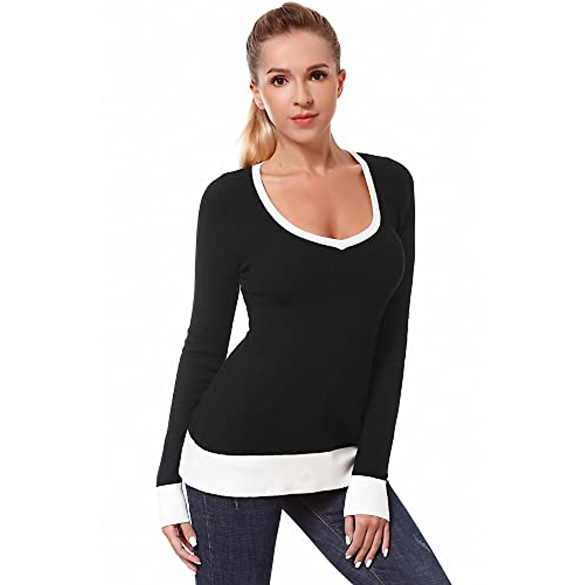 AmélieBoutik Women Color Trim V Neck Long Sleeve Pullover Knit Sweater Top (Black and Ivory White Large)