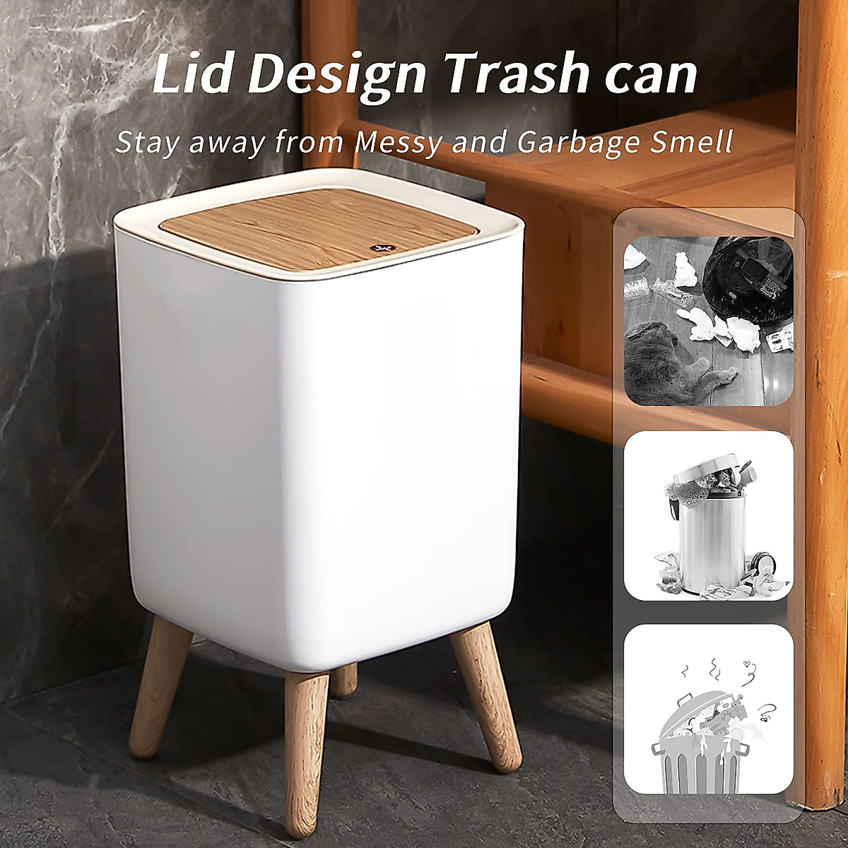 Bedroom Trash Can with Lid,Waste Basket for Bathroom,Kitchen Garbage Can with Push Button, Small Trash Bin，Plastic Rubbish Bin for Office, Living Room, 2.6 Gallon&0.5 Gallon (2 Pieces)
