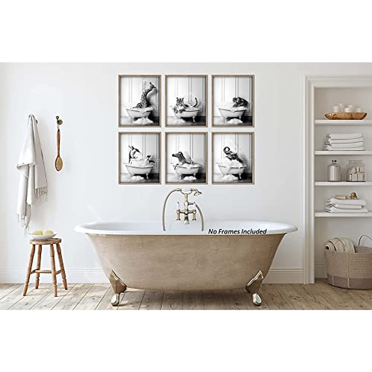 Funny Bathroom Decor Wall Art – Unframed Set of 6 (8 x 10 Inch) – Bathroom Wall Decor, Black and White Bathroom Decor, Kids Bathroom Decor, Animal Giraffe Penguin Elephant Bathroom Pictures for Wall Decor by LIYA Design Prints