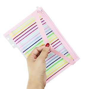 Chris.W Discbound Notebook Elastic Band Pen Holder, Junior Size Disc Bound Planner Cover Mesh Pencil Case Bag, Zipper Pouch for Pens Cards Stickers School Supplies (5.5inx8.5in, Pink with Stripe)