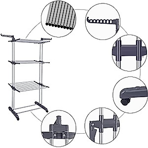 Bigzzia Clothes Drying Rack Folding Clothes Rail 3 Tier Clothes Horses Rack Stainless Steel Laundry Garment Dryer Stand with Two Side Wings Grey