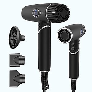 Slopehill Foldable Professional Ionic Hair Dryer, 2000W Portable Blow Dryer with Magnetic Diffuser Attachment for Curly Hair, 110,000 RPM Hair Dryer for Travel Salon, LCD Display/AUTO Clean
