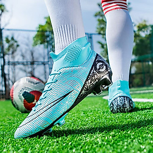 DHOVOR Mens Womens Soccer Cleats Teenagers High-Top Football Cleats Non Slip Athletics Football Trainers Indoor/Outdoor Cyan