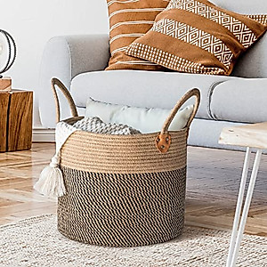 CHICVITA Jute Woven Storage Basket With Handles, Wicker Floor Basket, Boho Decorative Basket For Blanket, Toy, Shoe, Firewood, Farmhouse Plant Basket for Living Room, 14" X 14" X 12", Jute