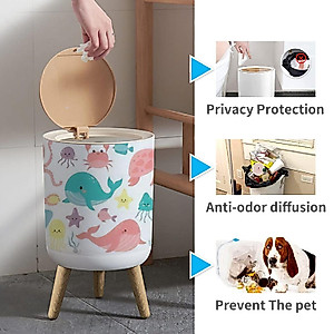 LGCZNWDFHTZ Small Trash Can with Lid for Bathroom Kitchen Office Diaper Cute Set sea Animals Collection Fish Crab Jellyfish Stingray Bedroom Garbage Trash Bin Dog Proof Waste Basket Cute Decorative
