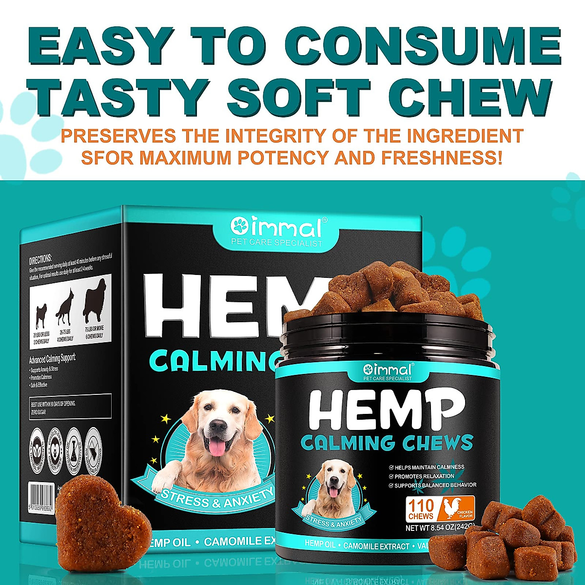Bieyoc Calming Chews for Dogs, Pet Care Calming Chews for Dogs, Natural Ingredients Calming Dog Treats (Chicken)