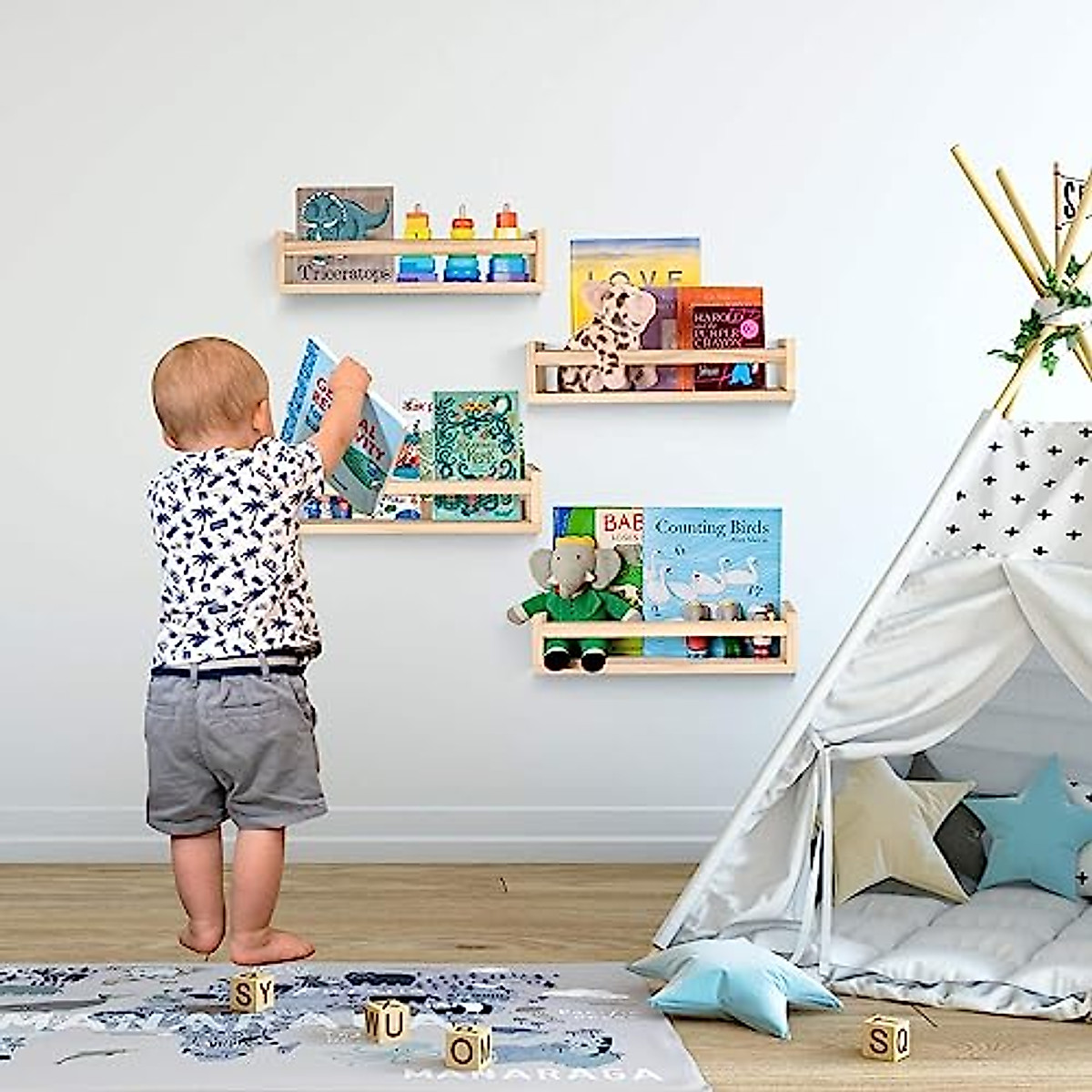 TUEGEGNS Nursery Book Shelves Wall Mounted Set of 4,Floating Wall Bookshelves for Kids,Nursery Shelves for Bookshelf Wall,Kids Bookshelf (Set of 4 Nature)