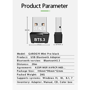 GAROGYI USB Bluetooth 5.3 Adapter for PC, Supports Windows 11/10/8.1/7,5.3+EDR Bluetooth Wireless Transmitter Receiver for Desktop, Laptop, Mouse, Keyboard, Printers, Headsets (Black)