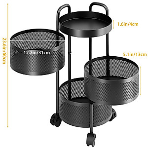 qajexluz Rotating Kitchen Storage Rack No Assembly, 3/4/5-Tier Metal Storage Tower Basket Shelves Organizer on Rolling Wheels with Removal Drawers for Fruit Vegetable Grocery Corns Potato Onion Tripl