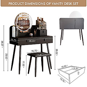 DOLILO 35" Vanity Desk with Mirror and Lights, Makeup Vanity with Lights, 3 Modes Brightness Adjustable, Vanity Mirror with Lights and Table Set with Vanity Stool 3 Sliding Drawers (Black)