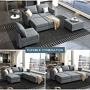 HONBAY Modern Modular Sectional Sofa Sleeper Couch Living Room U Shape Sofa Couch with Ottoman Set, Full Size Sectional Sofa Bed for Small Space, Bluish Grey