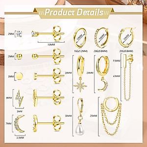 FASACCO 18K Gold Plated Chain Earrings Set: 12Pcs Stainless Steel Hoop, Stud, Pearl, Moon & Star Dangle Earrings for Multiple Piercings