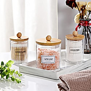 VITEVER 3 Pack Qtip Holder Dispenser with Bamboo Lids - Apothecary Jar Containers for Vanity Organizer Storage - Bathroom Accessories Set for Cotton Swab, Ball, Pads, Floss