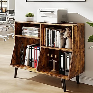 Ethlomoer Storage Organizer BookShelf with Outlets, 3 Tier Mid-Century Modern Bookcase with Legs, Freestanding Wood Open Bookcase, Retro Industrial Horizontal Bookcase for Bedroom, Living Room, Office