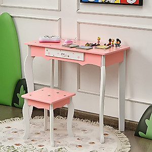 KOTEK Kids Vanity Set w/Tri-Folding Mirror, 2 in 1 Wooden Princess Makeup Dressing Table w/Detachable Top & Storage Drawers, Pretend Beauty Play Vanity Table Set for Girls (Pink Star Print)