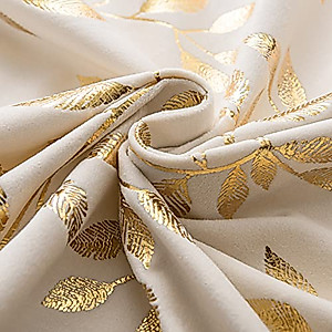 Deeprove Velvet Curtain 63 Inch Length, Glitter Metallic Sparkle Gold Leaves Bronzing Foil Print, Semi-Blackout Window Treatment Drape for Bedroom Xmas Decor Rod Pocket, 1 Panel W52 x L63, Cream White