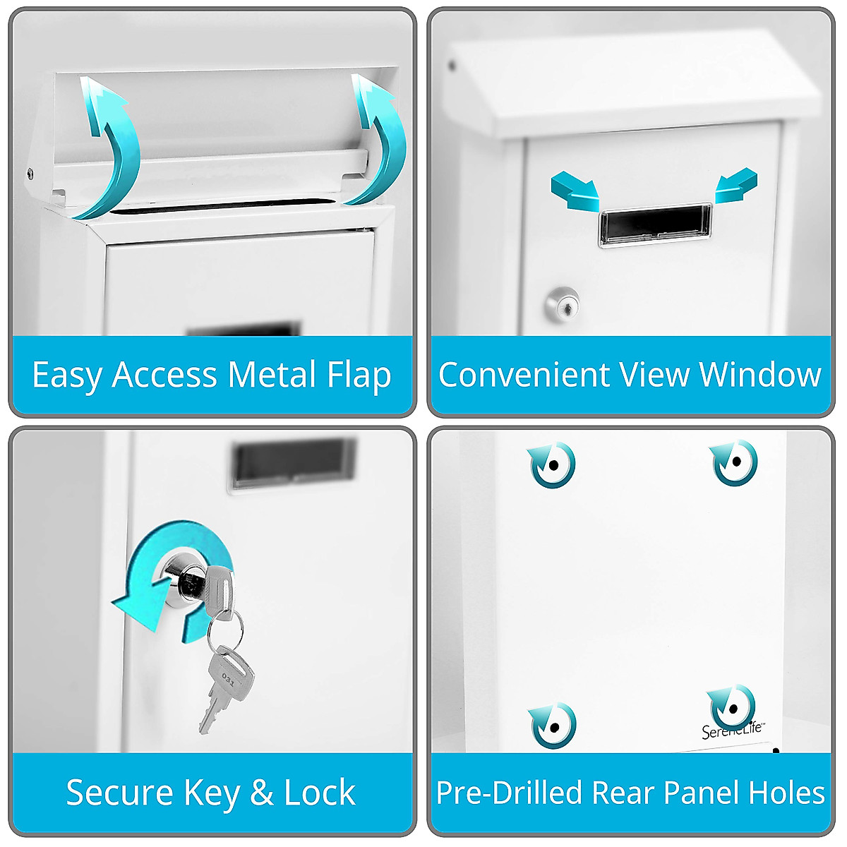 Serenelife Weatherproof Wall Mount Locking Mailbox Galvanized Steel Drop Box with Metal Flap for Mail Letters, Newspaper, Money Box, Decorative Mailboxes for Outside, Home Office, Businesses