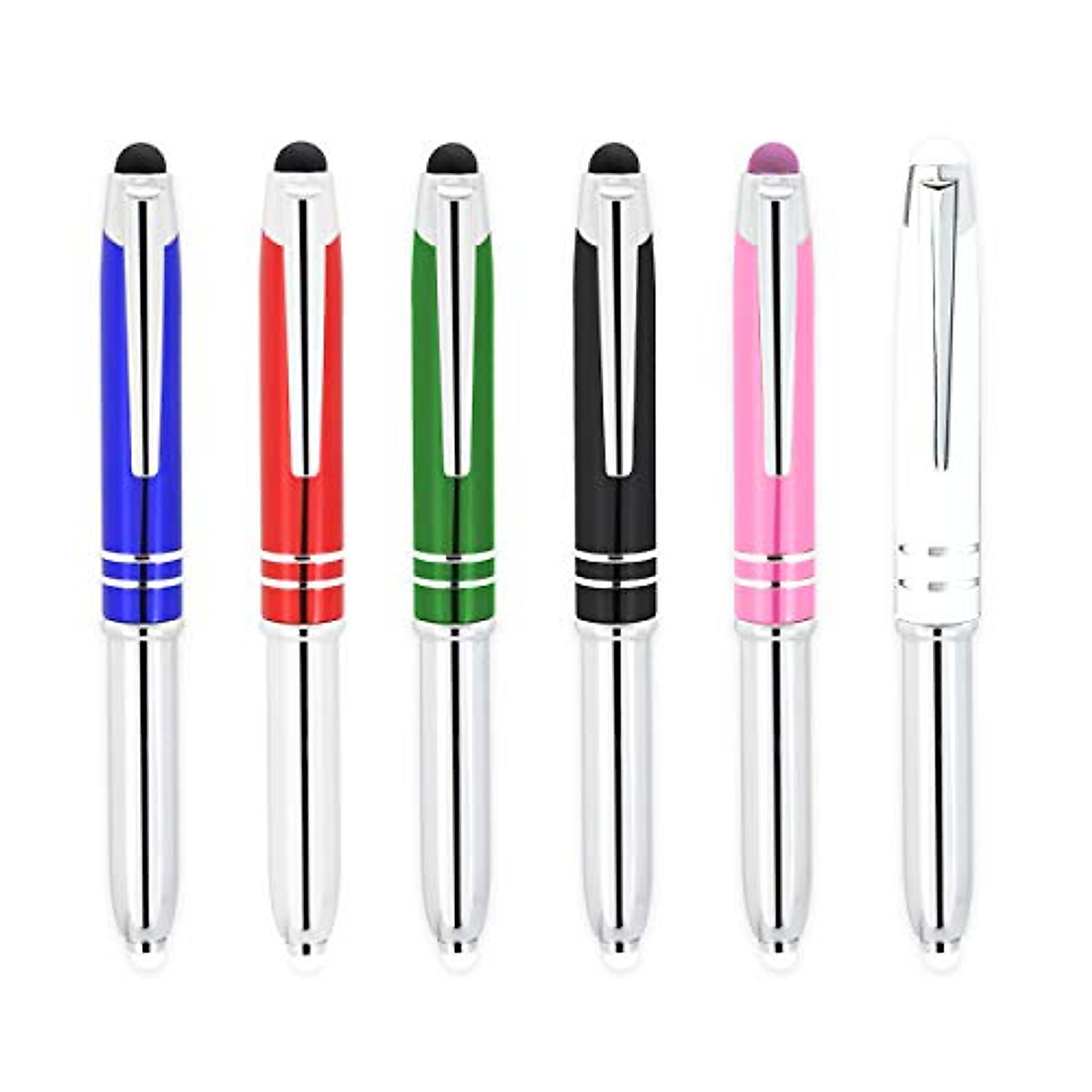 Travigo 6-Pack 3-in-1 Capacitive Stylus Tip Ballpoint Metal Pen with LED Light Set | Black Blue Red Green Pink White