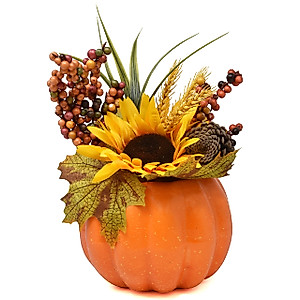 Gift Boutique Fall Pumpkin Centerpiece Artificial Floral Arrangement with Faux Maple Leaves Sunflower Pine Cone Berries Wheat for Porch Large Halloween Thanksgiving Tabletop Decorations 11 Inch