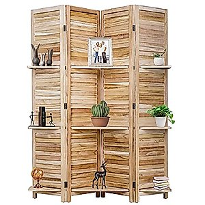 4 Panel Room Divider Folding Privacy Wooden Screen with Three Clever Shelf Portable Partition Screen Screen Wood for Home Office