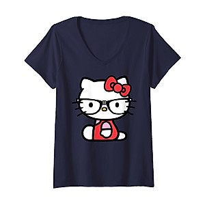 Womens Hello Kitty Nerd Glasses V-Neck T-Shirt