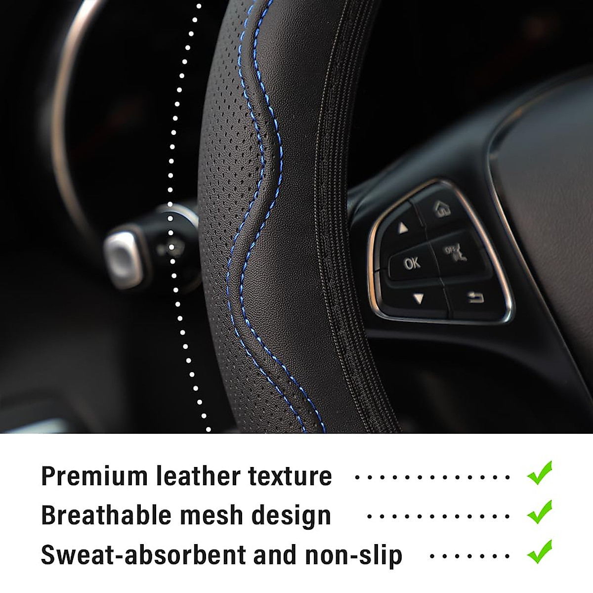 OFBAND Breathable Car Steering Wheel Covers,Anti-Slip Leather Steering Wheel Cover with Elastic for Car Decorations,Universal Car Accessories Interior 15 Inch Steering Wheel Protector (Black Blue)