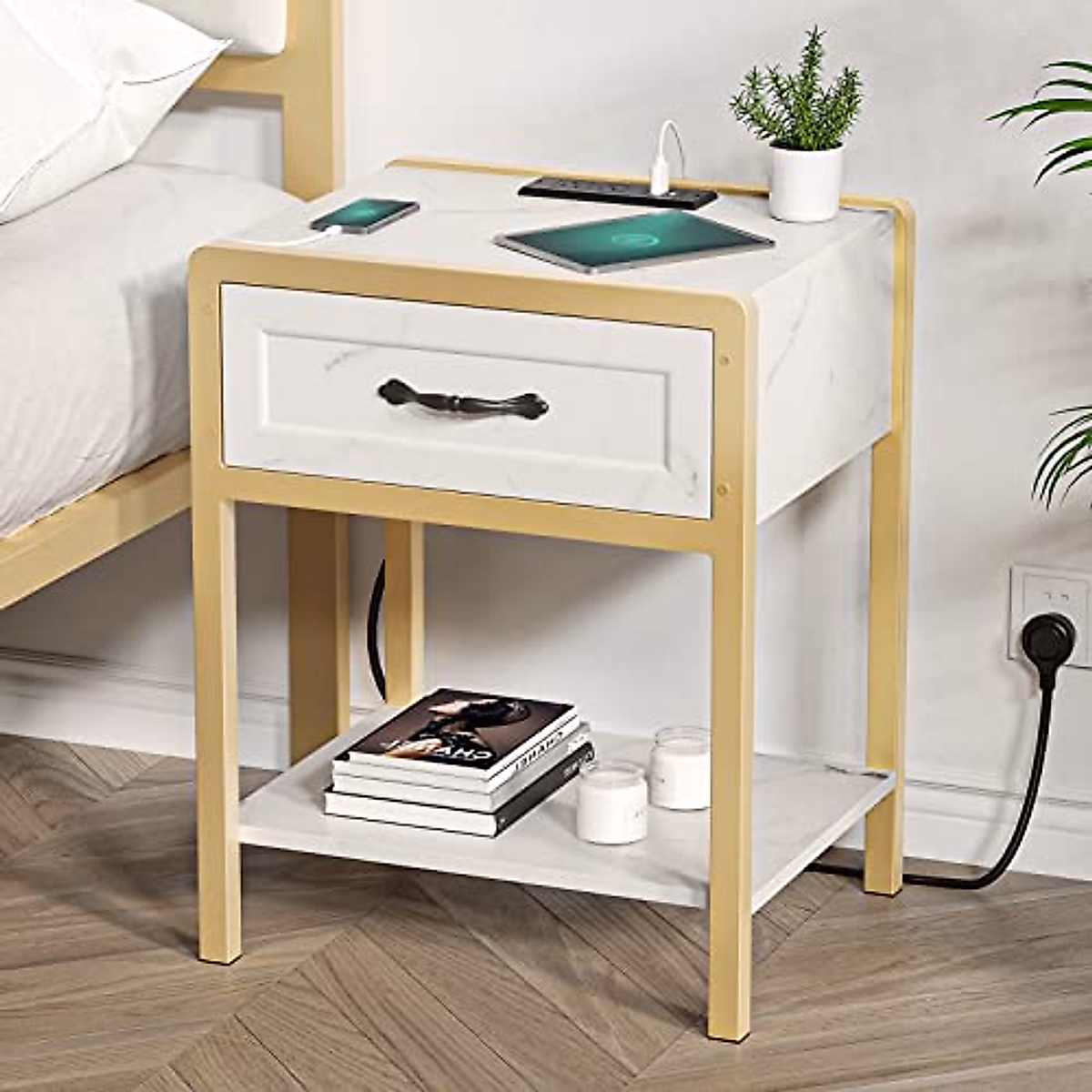 IDEALHOUSE Nightstand, White and Gold Night Stand with Charging Station, Side Table Bedside Table with Drawer, End Table with Storage Shelf for Bedroom, Living Room, Dorm (White(1 Pack))