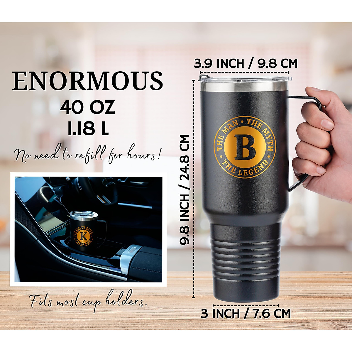 Monogrammed 40oz Tumbler with Handle for Men, Funny Personalized Tumbler, Unique Birthday Christmas Gifts for Him, the Man the Myth the Legend, N