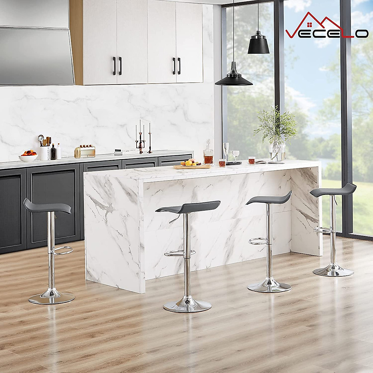 VECELO Bar Stools Set of 2, Swivel Bar Chairs, Counter Bar Stools with Height-Adjustable, Modern Armless PVC Stools for Kitchen/Island/Bar/Dining Room/Party, Dark Grey