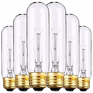 Weyolin 6 Pack T10 Tube Light Bulbs,Incandescent Edison Bulbs Warm White Color,E26 Base,25 watt Vintage Bulb,Dimmable for Desk Lamp,Curio Cabinet,Aquarium,Chandeliers,Pendant Lights
