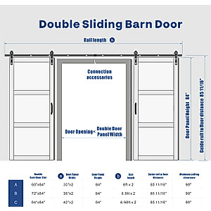ARKHJEM Double Sliding Barn Door,60in(Double 30”×84in Frosted 3 Panel Glass Barn Door,Water-Proof PVC Surface,Hardware Kit Included, Assembly Needed,White