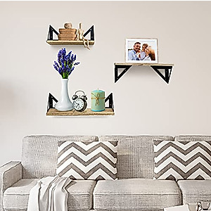 Greenco Wall Mounted Floating Shelves, Set of 3 Decorative Rustic Selves with Triangle Metal Brackets