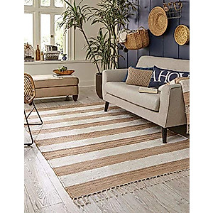 Unique Loom Chindi Rag Collection Hand Woven Striped Natural Fibers Beige Area Rug (8' 0 x 10' 0)