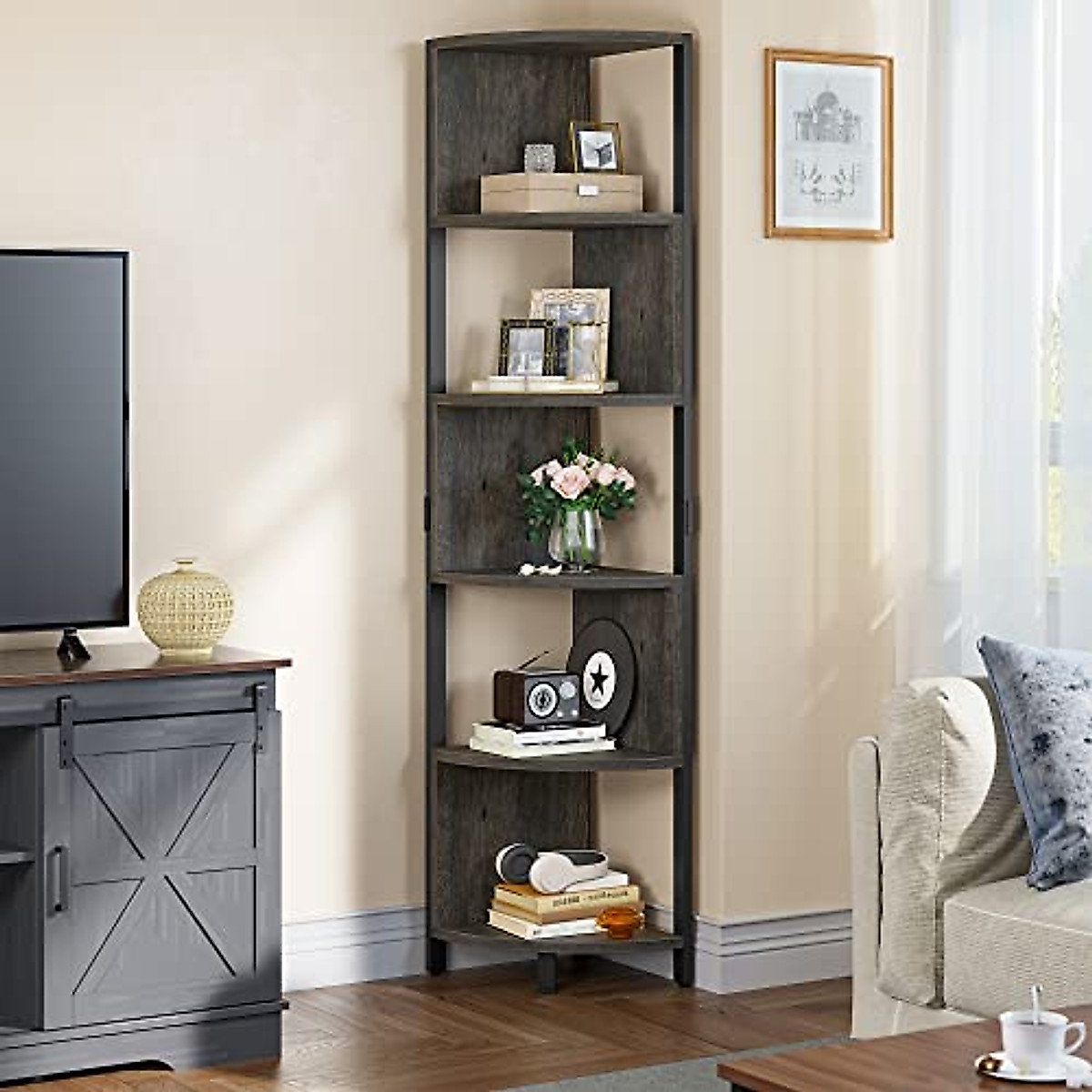 YITAHOME 6-Tier Corner Shelf, 68.8" Tall Industrial Free Standing Corner Bookshelf, 6 Shelf Display Corner Bookcase Open Small Book Shelves for Bedroom, Living Room, Small Space, Charcoal Gray + Black