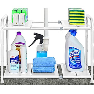 Simple Houseware Under Sink 2 Tier Expandable Heavy Duty Metal Shelf Organizer Rack, White (Expand from 15 to 25 inches)