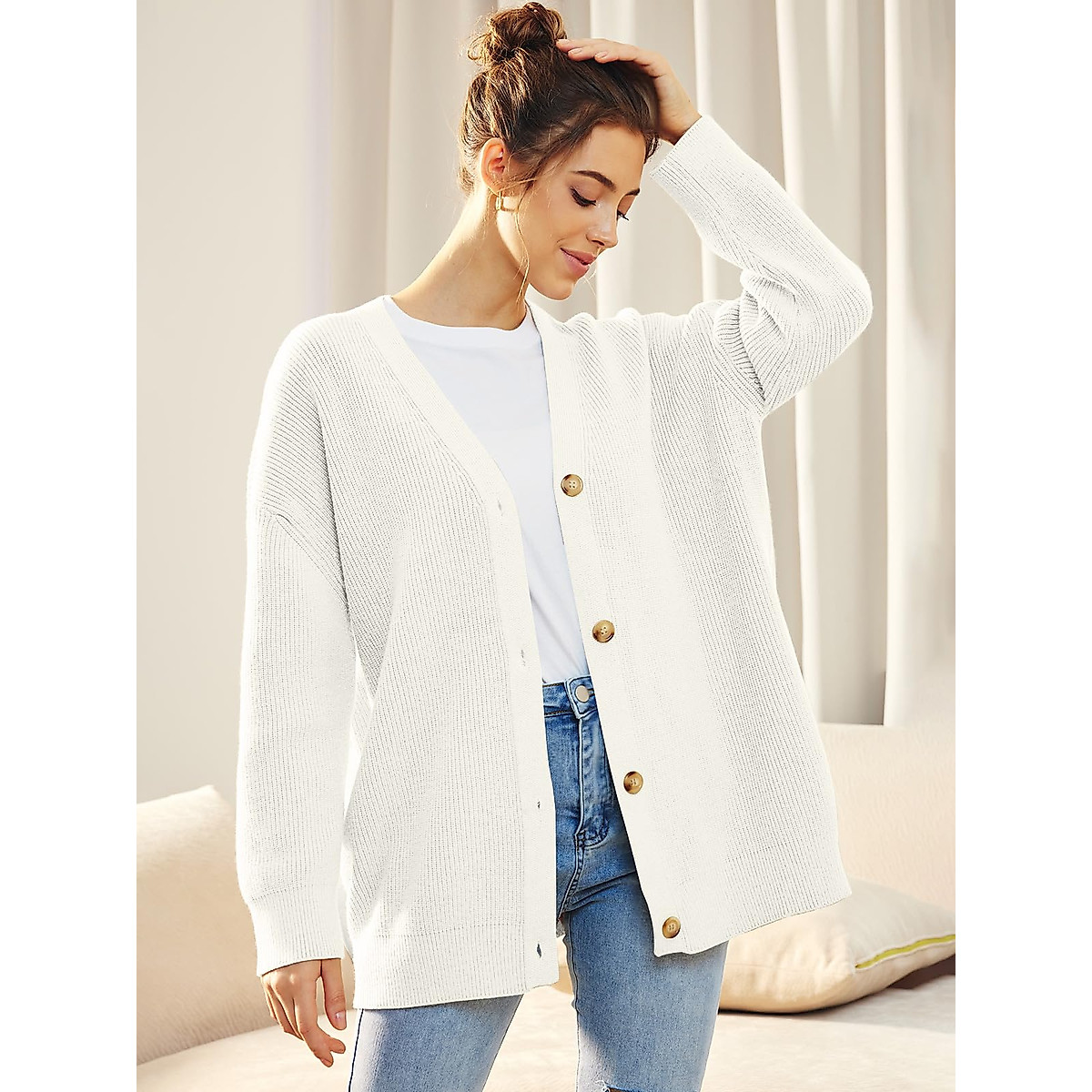 EFAN Womens White Cardigan Sweaters 2025 Trendy Oversized Sweater Long Cardigans V Neck Lightweight Knit Clothes Outfits