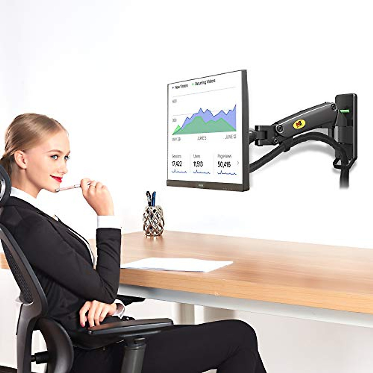 NB North Bayou TV Monitor Wall Mount Bracket Full Motion Articulating Swivel for 17-27 Inch Monitors with Gas Spring (Black Single Extension) F120-B